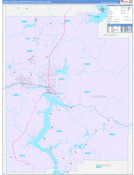 Coeur d'Alene, ID Metro Area Wall Map Color Cast Style by MarketMAPS ...