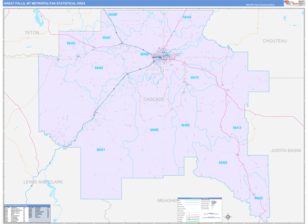 Great Falls, MT Metro Area Wall Map Color Cast Style by MarketMAPS ...