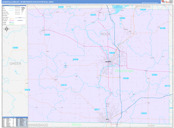 Janesville-Beloit, WI Metro Area Wall Map Color Cast Style by ...