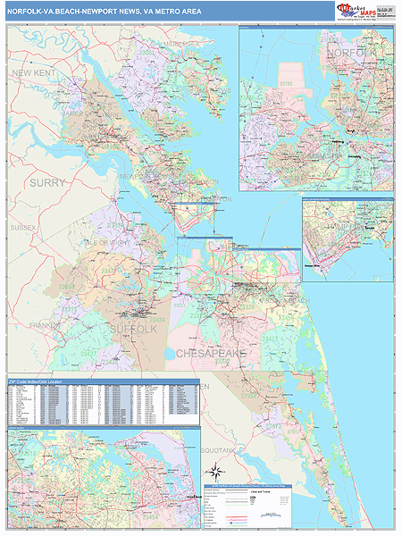 Norfolk-Va. Beach-Newport News, VA Metro Area Wall Map Color Cast Style ...