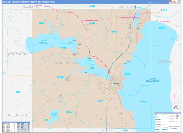 Oshkosh-Neenah, WI Metro Area Wall Map Color Cast Style by MarketMAPS ...