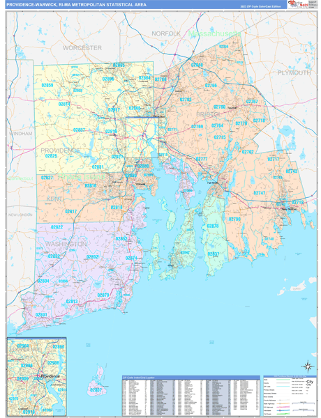 Providence-Warwick, RI Metro Area Wall Map Color Cast Style by ...