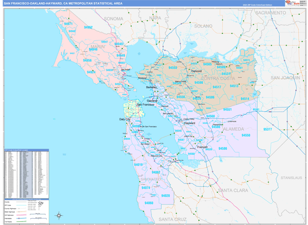 San Francisco-Oakland-Hayward, CA Metro Area Wall Map Color Cast Style ...