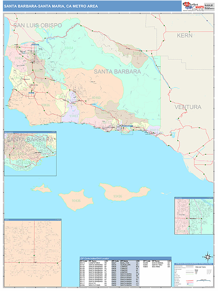 Santa Barbara-Santa Maria-Lompoc, CA Metro Area Wall Map Color Cast ...