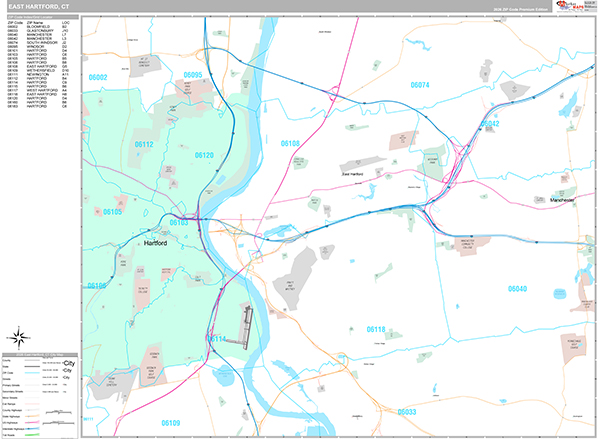 East Hartford Connecticut Zip Code Wall Map Basic Style By Marketmaps
