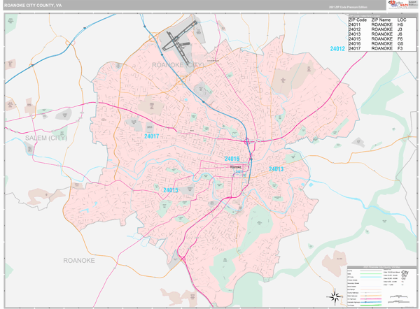 Roanoke City County, VA Zip Code Wall Map Premium Style by MarketMAPS ...