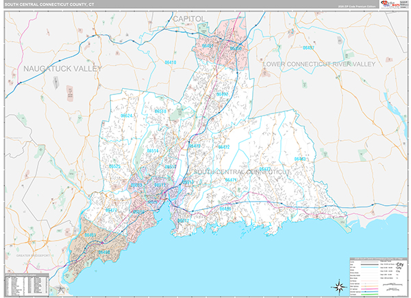 South Central Connecticut County, CT Wall Map Premium Style by ...