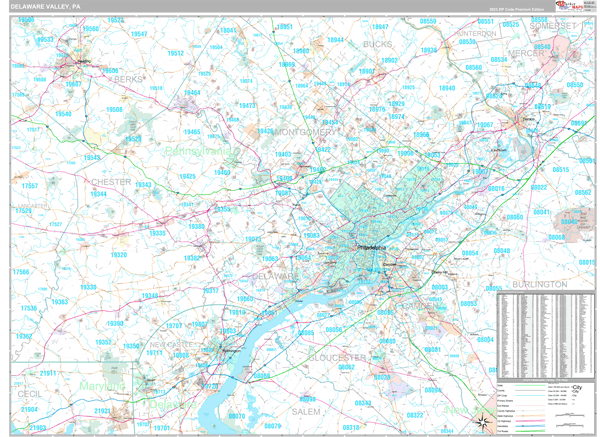 Delaware Valley, PA Metro Area Zip Code Wall Map Premium Style by ...