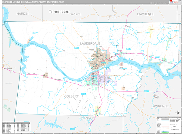 Florence-Muscle Shoals, AL Metro Area Wall Map Premium Style by ...