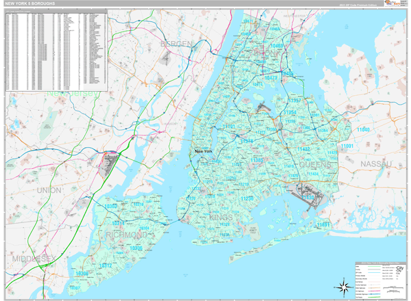 New York 5 Boroughs, NY Metro Area Wall Map Premium Style by MarketMAPS ...