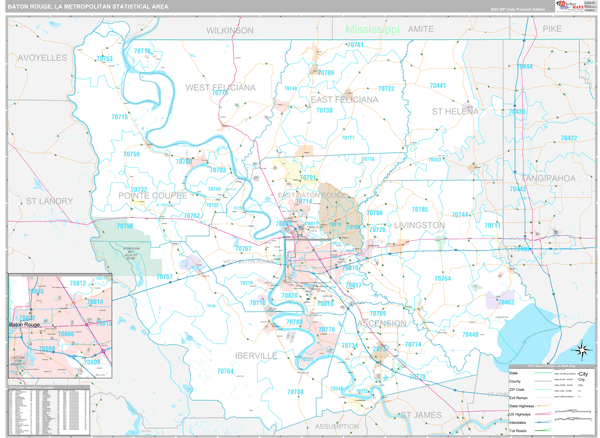 Baton Rouge, LA Metro Area Zip Code Wall Map Premium Style by ...