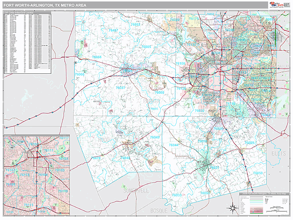 Fort Worth Arlington Metro Area, TX Zip Code Map - Premium