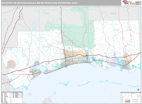 Gulfport-Biloxi-Pascagoula, MS Metro Area Wall Map Premium Style by ...