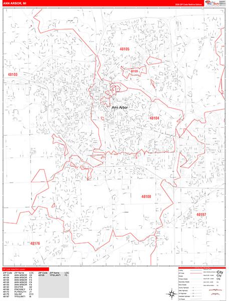 Ann Arbor Michigan Zip Code Wall Map (Red Line Style) by MarketMAPS ...