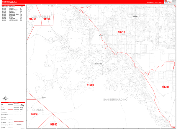 Chino Hills California Zip Code Wall Map (Red Line Style) by MarketMAPS ...