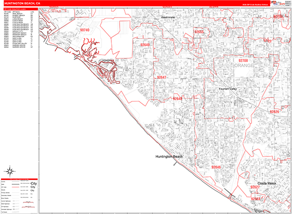 Huntington Beach California Zip Code Wall Map (Red Line Style) by ...