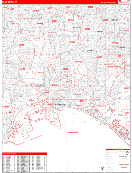Long Beach California Zip Code Wall Map (Red Line Style) by MarketMAPS ...