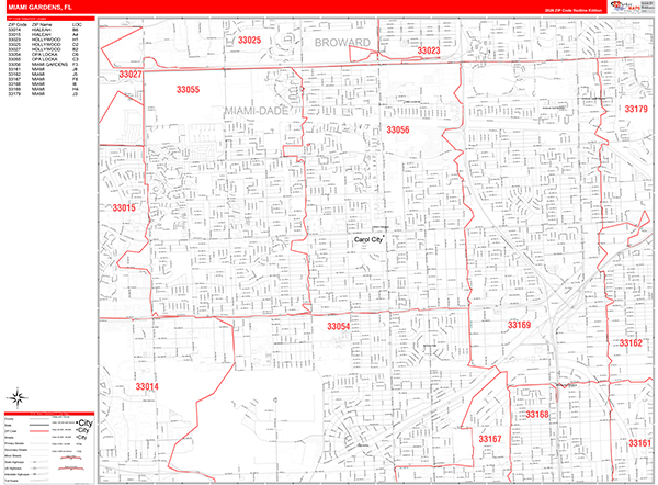 Miami Gardens Florida Zip Code Wall Map (Red Line Style) by MarketMAPS ...