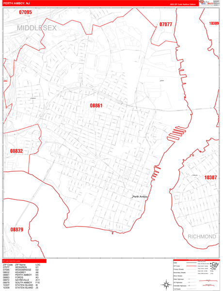 Perth Amboy New Jersey Zip Code Wall Map (Red Line Style) by MarketMAPS ...