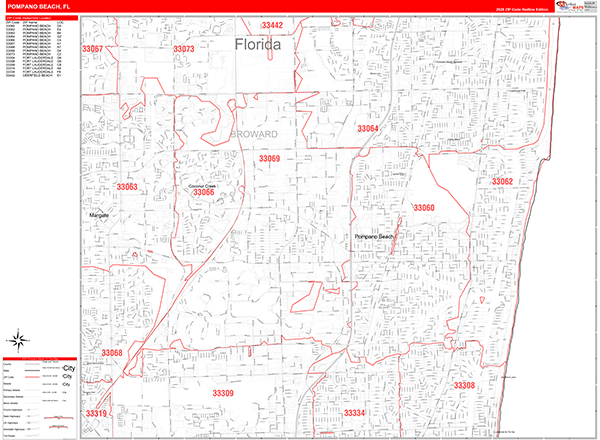 Pompano Beach Florida Zip Code Wall Map (Red Line Style) by MarketMAPS ...