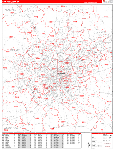 San Antonio Texas Zip Code Wall Map (Red Line Style) by MarketMAPS ...