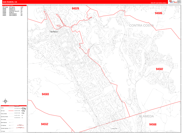 San Ramon California Zip Code Wall Map (Red Line Style) by MarketMAPS ...