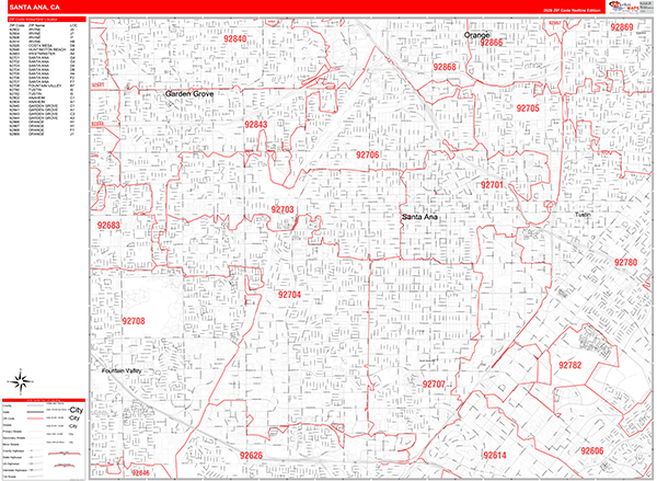 Santa Ana California Zip Code Wall Map (Red Line Style) by MarketMAPS ...