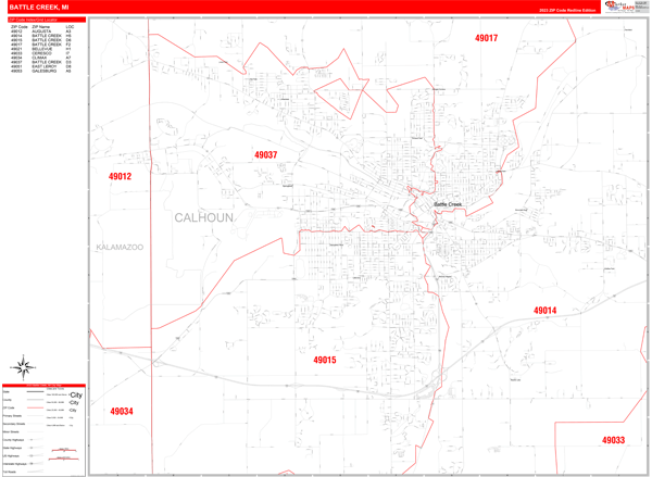 Battle Creek Michigan Zip Code Wall Map (Red Line Style) by MarketMAPS ...