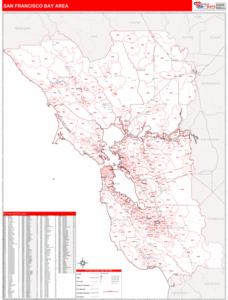 Bay Area California Zip Code Wall Map (Red Line Style) by MarketMAPS ...