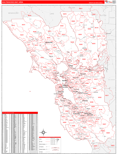 Bay Area California Zip Code Wall Map (Red Line Style) by MarketMAPS ...