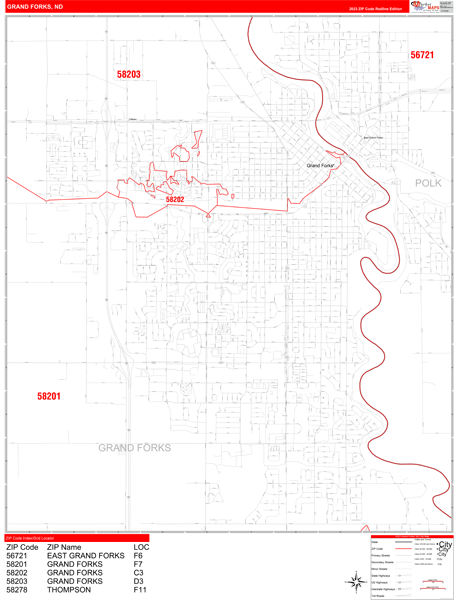 Grand Forks North Dakota Zip Code Wall Map (Red Line Style) by ...