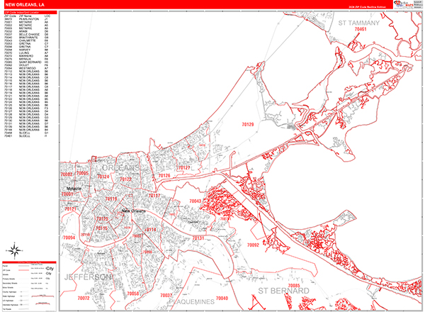 New Orleans Louisiana Zip Code Wall Map (Red Line Style) by MarketMAPS ...
