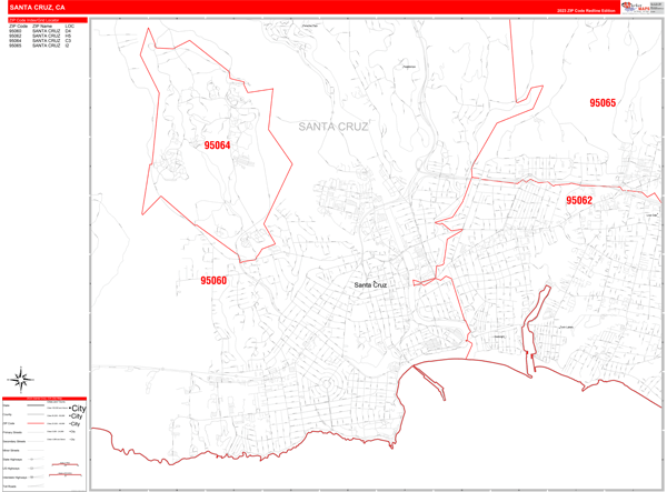 Santa Cruz California Zip Code Wall Map (Red Line Style) by MarketMAPS ...