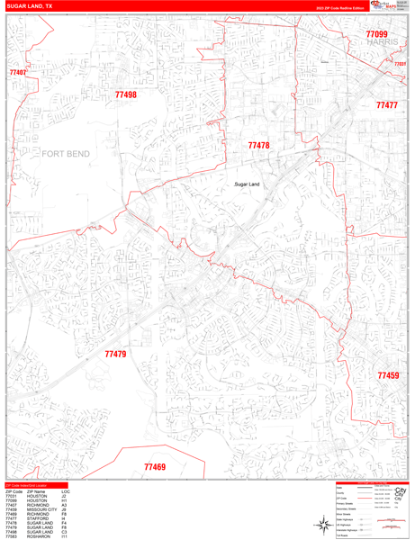 Sugar Land Texas Zip Code Wall Map (Red Line Style) by MarketMAPS ...