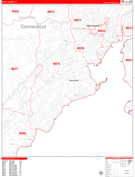 West Haven Connecticut Zip Code Wall Map (Red Line Style) by MarketMAPS ...
