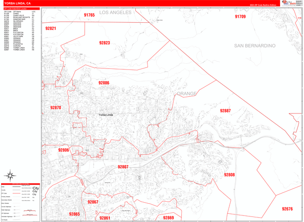 Yorba Linda California Zip Code Wall Map (Red Line Style) by MarketMAPS ...