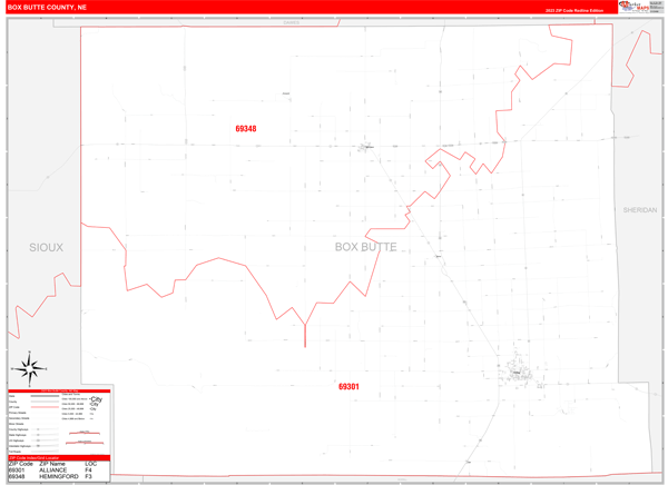 Box Butte County, NE Zip Code Wall Map Red Line Style by MarketMAPS ...