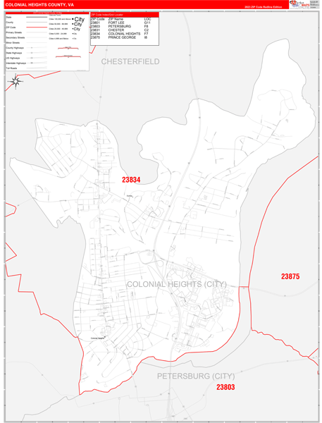Colonial Heights County, VA Zip Code Wall Map Red Line Style by ...