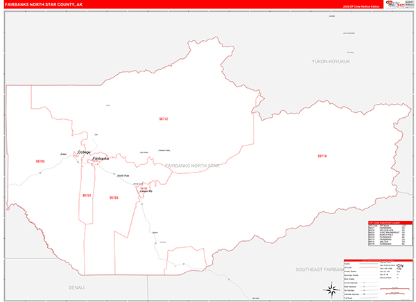 Fairbanks North Star County, AK Zip Code Wall Map Red Line Style by ...