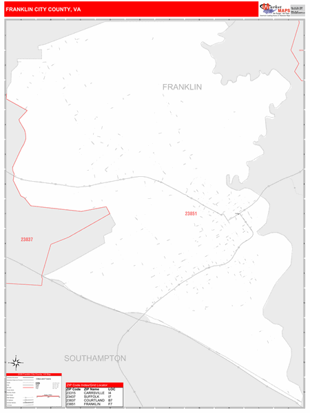 Franklin City County, VA Wall Map Red Line Style by MarketMAPS - MapSales
