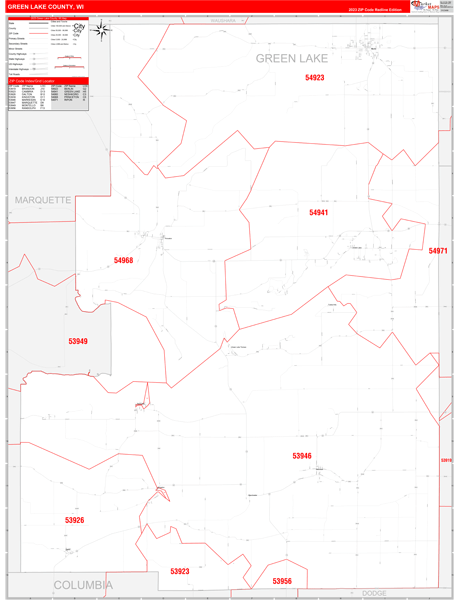 Green Lake County, WI Carrier Route Wall Map Red Line Style by ...