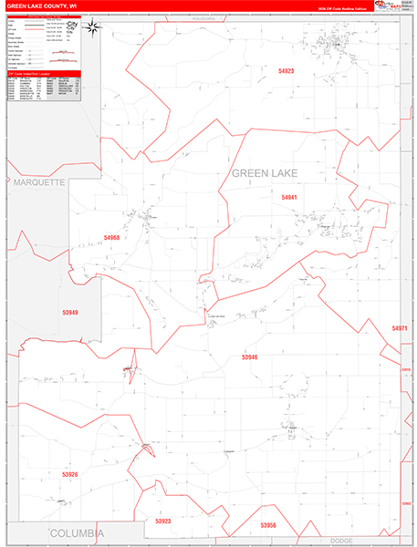 Green Lake County, WI Zip Code Wall Map Red Line Style by MarketMAPS ...