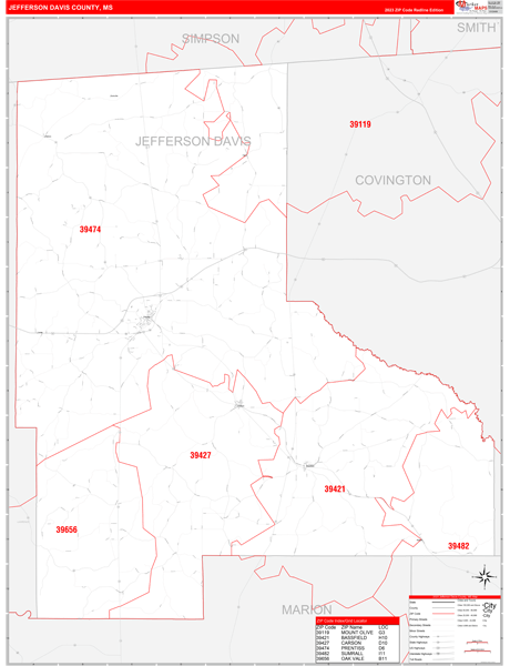 Jefferson Davis County, MS Zip Code Wall Map Red Line Style by ...
