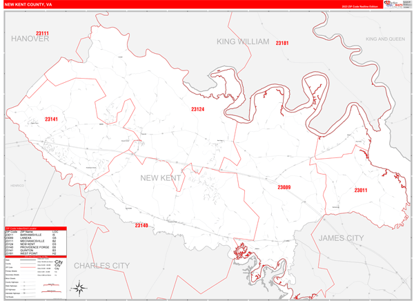 New Kent County, VA Zip Code Wall Map Red Line Style by MarketMAPS ...