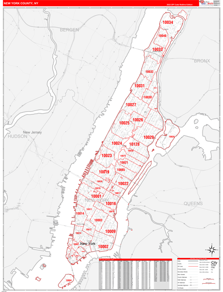 New York County, NY Zip Code Wall Map Red Line Style by MarketMAPS ...