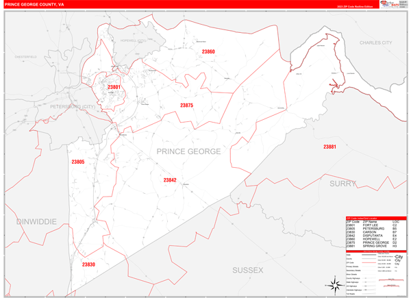 Prince George County, VA Zip Code Wall Map Red Line Style by MarketMAPS ...