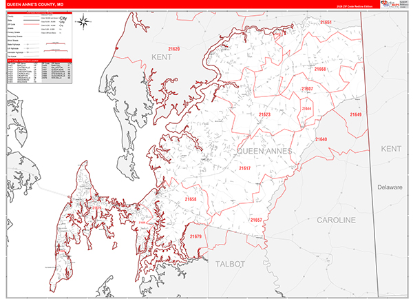 Queen Anne's County, MD Zip Code Wall Map Red Line Style by MarketMAPS ...
