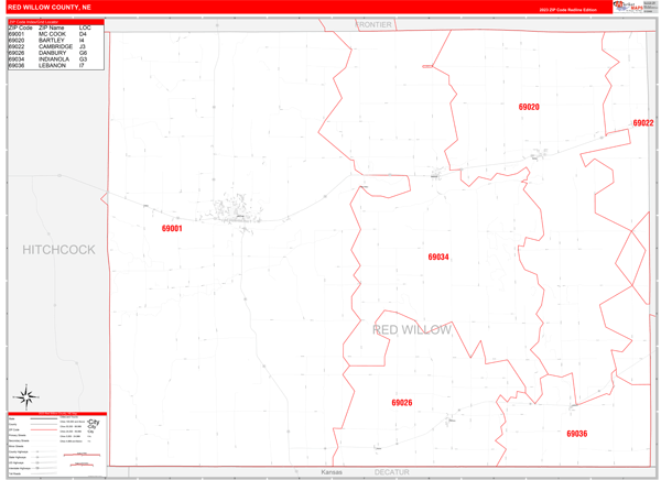 Red Willow County, NE Zip Code Wall Map Red Line Style by MarketMAPS ...