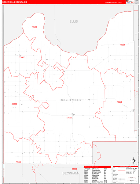 Roger Mills County, OK Zip Code Wall Map Red Line Style by MarketMAPS ...