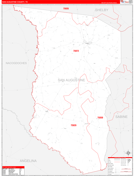 San Augustine County, TX Zip Code Wall Map Red Line Style by MarketMAPS ...